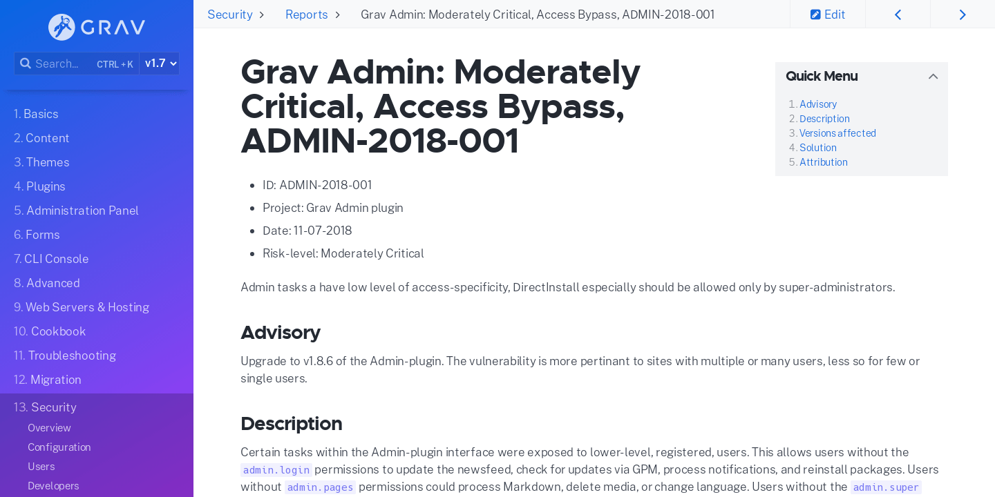 Grav Admin: Moderately Critical, Access Bypass, ADMIN-2018-001 | Grav Documentation