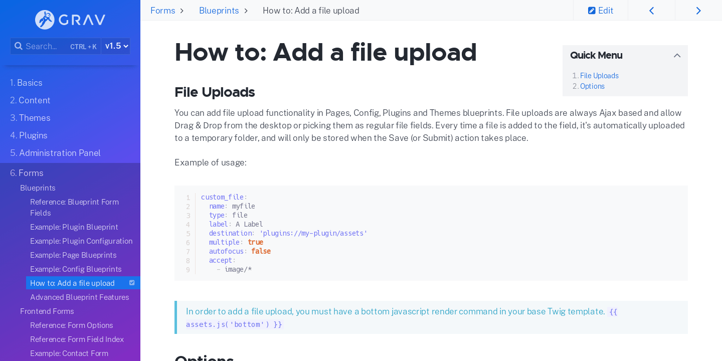 How to: Add a file upload | Grav Documentation