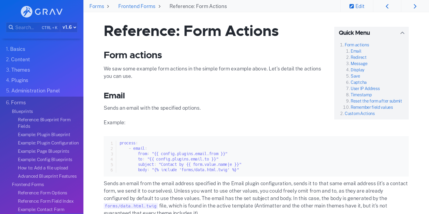 Reference: Form Actions | Grav Documentation
